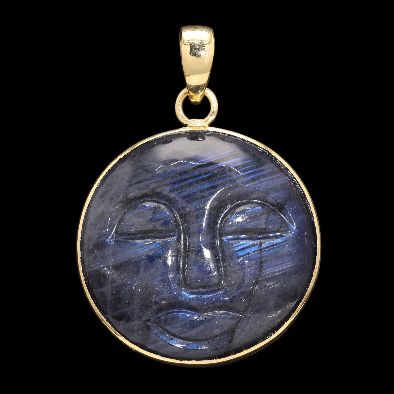 925 Sterling Silver Labradorite Moon Face Carved Pendant ...